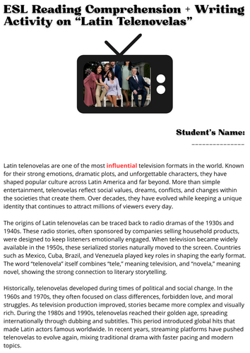 ESL Reading Comprehension + Writing Activity - Latin Telenovelas ...