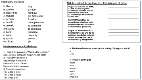 AQA Spanish A level Unit 3 La igualdad de los derechos starter activity ...