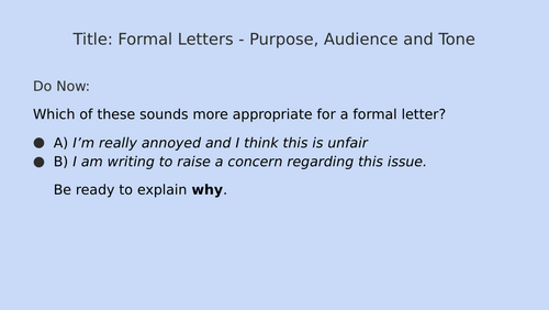 Formal Letter Writing – Purpose, Audience & Tone (1.1) | Teaching Resources
