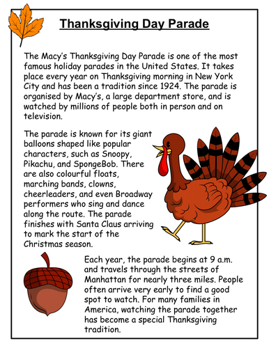 Thanksgiving Day Parade Reading Comprehension for KS2 & Gr 3 - 5 ...
