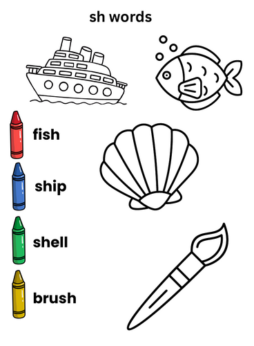 Phase 3 SH Digraph Worksheet – Colour the Words & Picture Activity ...