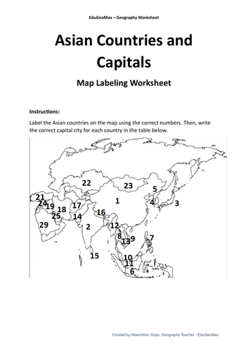 Asia Countries Map – Labeling Worksheet | Teaching Resources