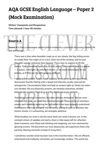 AQA GCSE English Language Paper 2 – Full Original Mock Examination ...