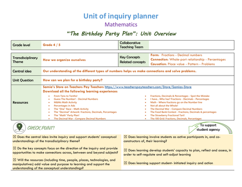 PYP Unit of Inquiry - The "Math" Birthday Party | Teaching Resources