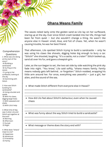 Ohana Means Family – Reading Comprehension (Lilo & Stitch Inspired ...