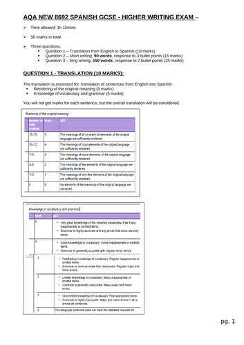 AQA GCSE Spanish 8692 Writing Prep Booklet – Higher Tier (New Spec for ...