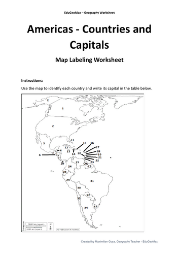 Americas Countries and Capitals Map Worksheet | Teaching Resources