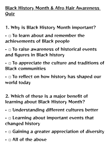 Black History Month & Afro Hair Awareness Quiz, Printable Pages for ...