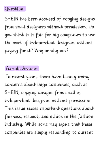 SHEIN and Design Theft: Sample Answer & Essay Prompt Printable Pages ...