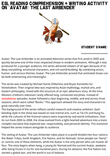 ESL Reading Comprehension + Writing Activity - Avatar: The Last ...