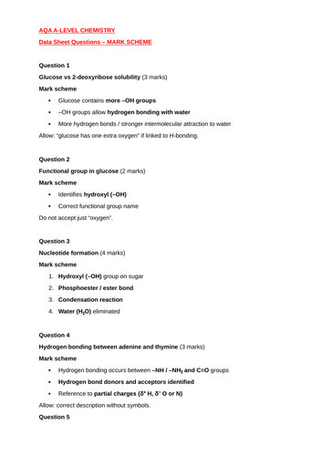 A-level AQA Chemistry Data booklet/sheet related questions for organic chemistry 2 (A2 ...