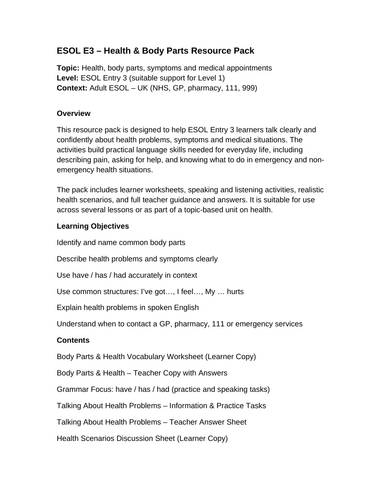 ESOL E3 Health, Body Parts and Appointments Resource Pack (with Answers ...