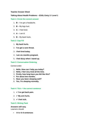 ESOL E3 Health, Body Parts and Appointments Resource Pack (with Answers ...