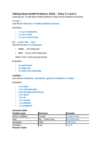 ESOL E3 Health, Body Parts and Appointments Resource Pack (with Answers ...
