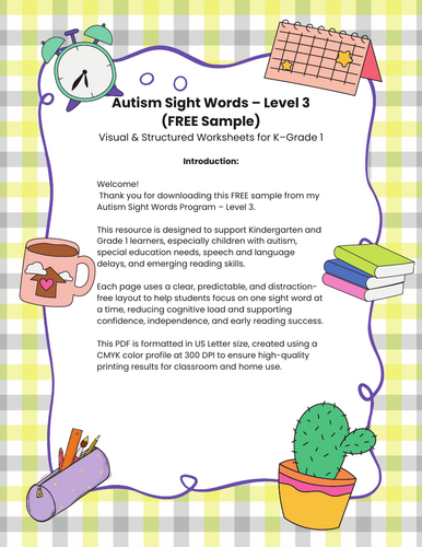 Free Autism Sight Words Worksheets (4 Words) | Teaching Resources