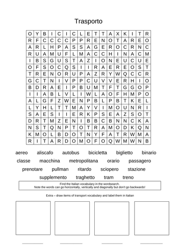 Free Italian vocabulary wordsearch - trasporto/transport | Teaching ...
