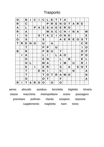 Free Italian vocabulary wordsearch - trasporto/transport | Teaching ...