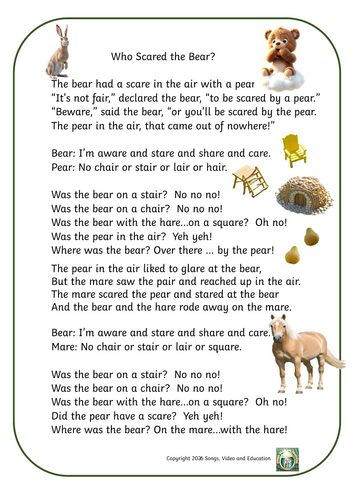 Who scared the bear? Was it hare or mare or pear? Worksheet and funny ...