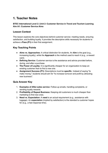BTEC International Level 2 Travel & Tourism A1 L3 | Teaching Resources