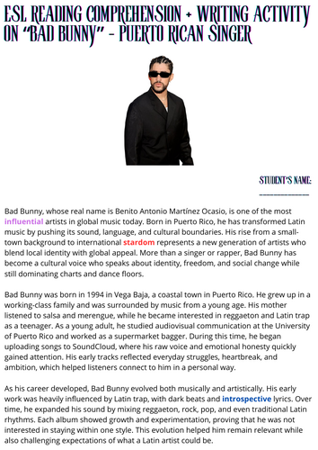 ESL Reading Comprehension + Writing Activity - Bad Bunny - Puerto Rican ...