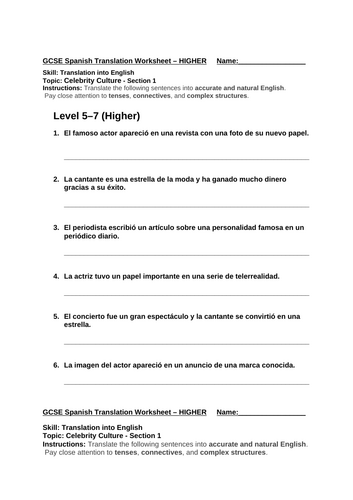 Celebrity Culture - AQA GCSE translation Spanish into English - Bundle ...