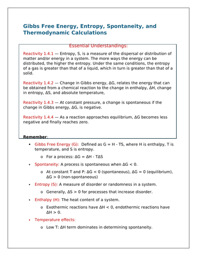 IB Chemistry Entropy, Gibbs & Spontaneity Worksheet Pack 2026 ...