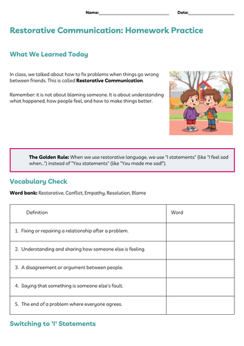 SEMH and PSHE Restorative Communication Lesson & Activity Sheet (1 Hour ...