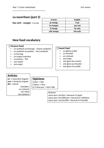 Y7 French cover worksheet La nourriture | Teaching Resources