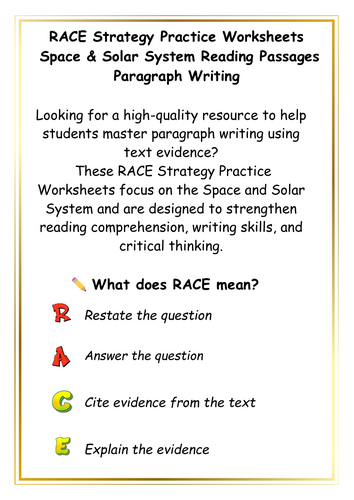 RACE Strategy Practice Worksheets | Space & Solar System Reading ...