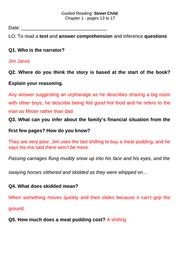 Guided Reading - Street Child - Berlie Doherty – Chapter 1 - Lesson 2 ...
