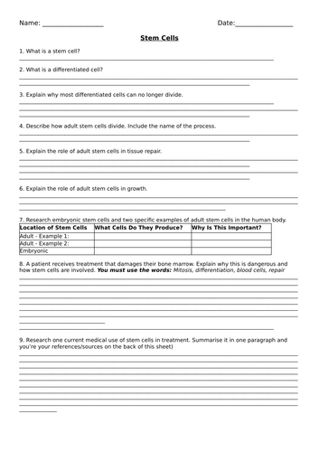 Stem Cells - Independent Research Task | Teaching Resources
