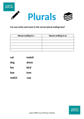 KS1 Plurals with s and es endings worksheet | Teaching Resources