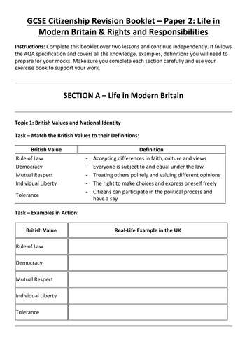 AQA GCSE Citizenship: Paper 2 - Revision Booklet | Teaching Resources