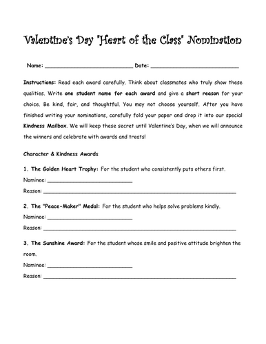 FREE Valentine’s Day Student Nomination Form for Awards | Kindness ...