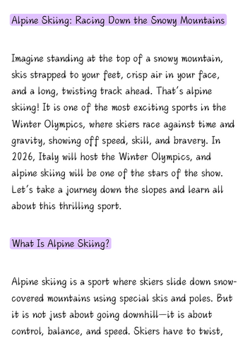 Alpine Skiing Nonfiction Text & Worksheets for Kids: Winter Olympics ...