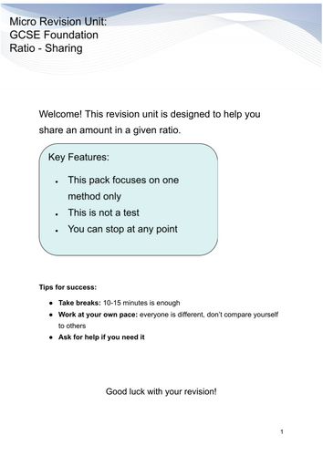 Micro Revision Unit: Ratio – Sharing GCSE Maths Foundation | Grade 3–4 ...
