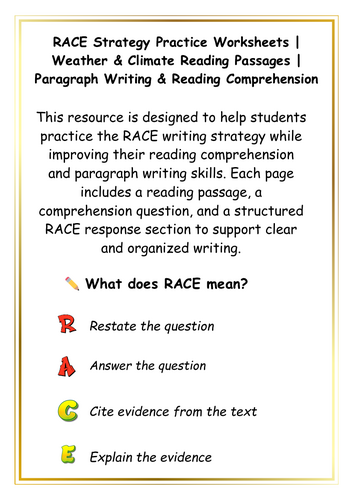 RACE Strategy Practice Worksheets | Weather & Climate Reading Passages ...
