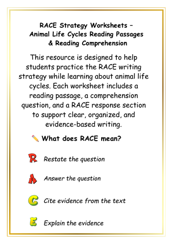 RACE Strategy Worksheets – Animal Life Cycles Reading Passages ...