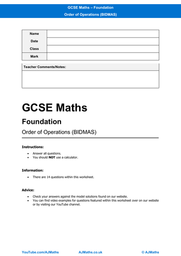 GCSE Maths | Order of Operations (BIDMAS) | Edexcel | Teaching Resources