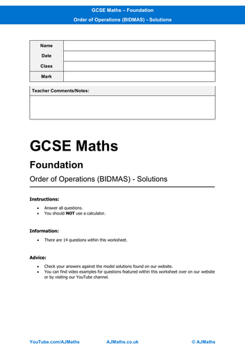GCSE Maths | Order of Operations (BIDMAS) | Edexcel | Teaching Resources