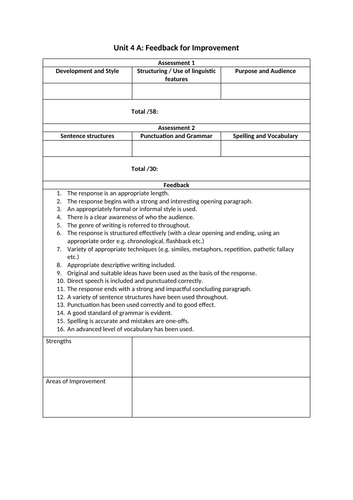 GCSE English Language: Unit 4 A Personal Writing - Feedback form ...