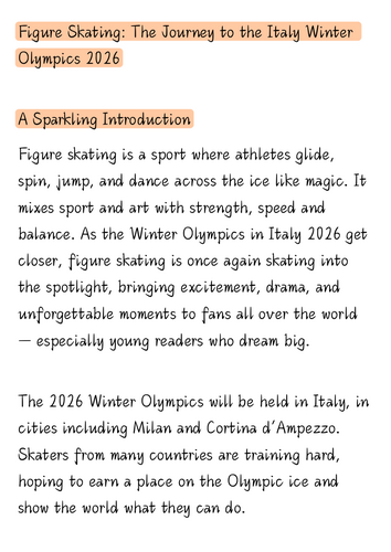 Figure Skating Nonfiction Text & Worksheets for Kids, Winter Olympics ...