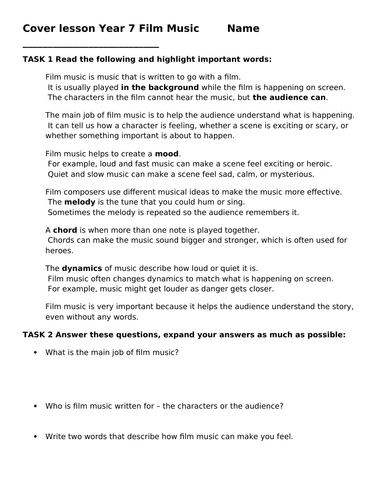 KS3 Film Music 4 lessons, worksheets and a cover lesson | Teaching ...