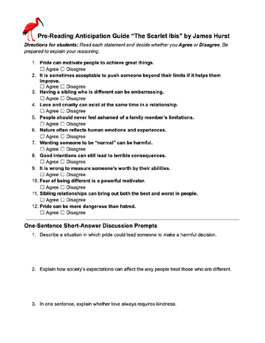 The Scarlet Ibis by James Hurst Complete Unit Plan with Vocab and ...