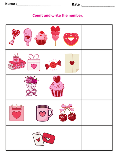 Valentine’s Day Counting Worksheet | Count & Write Numbers | Preschool ...