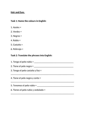 Hair and Eyes Comprehension Worksheet | Teaching Resources