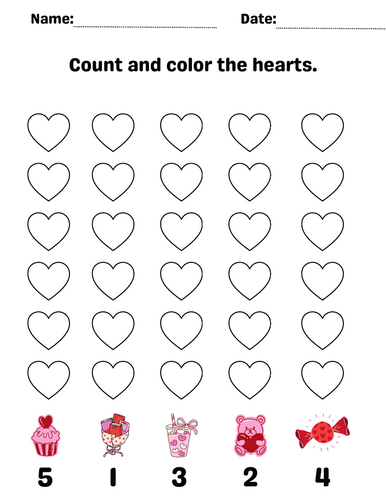 Valentine’s Day Counting & Coloring | Heart Numbers Activity (1–5 ...