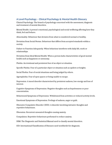 A Level Psychology Mental Health Glossary | Depression OCD Phobias CBT ...