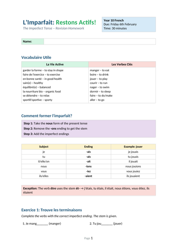 French GCSE l'imparfait revision homework worksheet | Teaching Resources