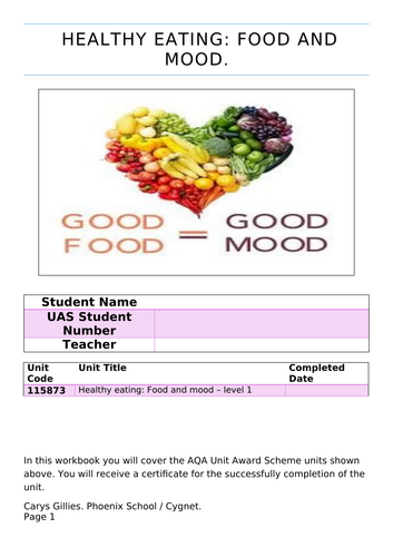 Pupil teaching booklet - AQA Unit award - Healthy eating (Food and Mood ...